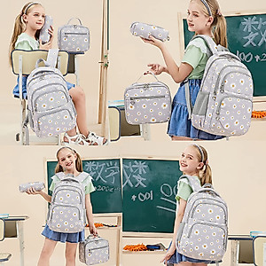 YJMKOI 3Pcs Daisy Prints Backpack for Girls Middle-School Elementary Students Bookbag Set with Lunch Box (Grey)