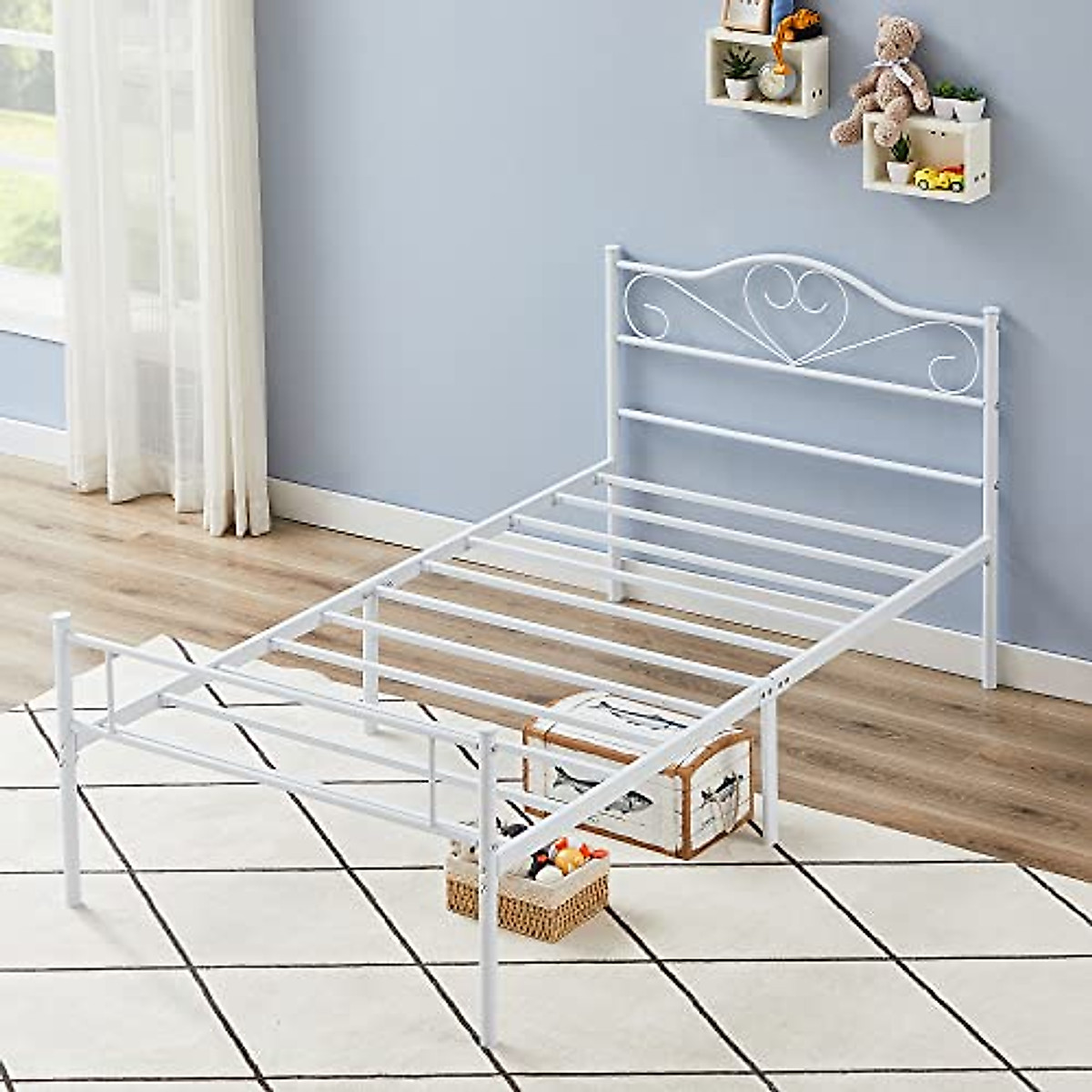 VECELO 14 Inch Twin Size Metal Platform Bed Frame with Headboard and Footboard, Heavy Duty Mattress Foundation with Steel Slats Support, No Box Spring Needed, White
