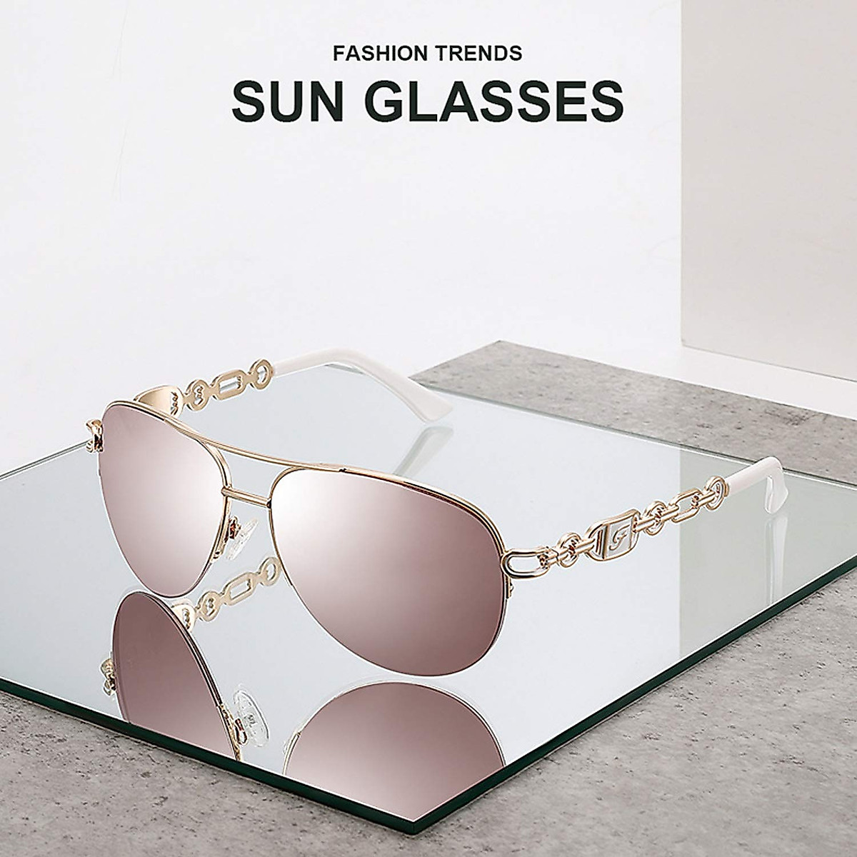 FONHCOO Aviator Sunglasses for Women Men Oversized Metal Frame UV400 Mirrored Sunglasses (pink&white)