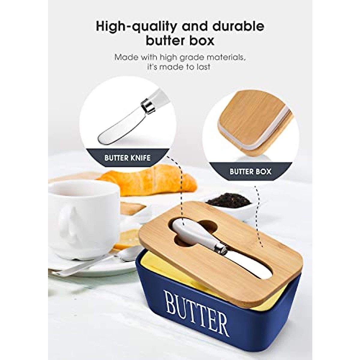 AISBUGUR Large Butter Dish with Lid Ceramics Butter Keeper Container with Knife and High- quality Silicone Sealing Butter Dishes with Covers Good Kitchen Gift Blue