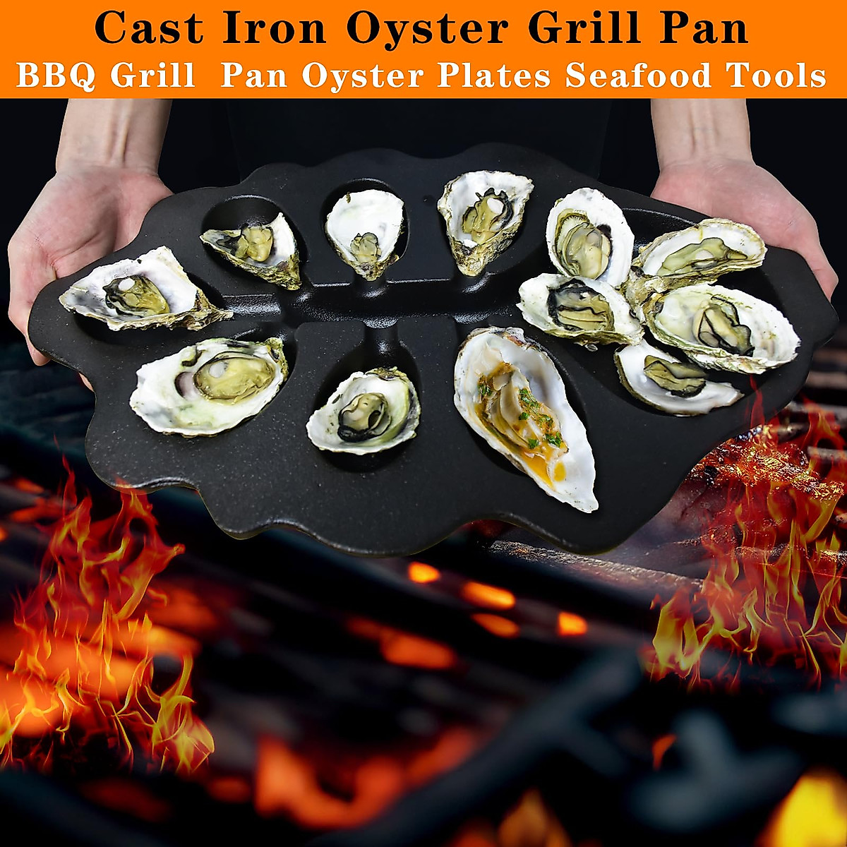 BOLVOUD Cast Iron Oyster Grill Pan, Cast-Iron Oyster Pan for Oven Grill
