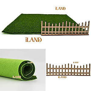 iland Fairy Garden Miniatures of Artificial Grass 4 Sheets 11.8"x 11.8" w/ 10pcs Miniature Fences & 2 Fence Doors & 1 Sign, Fake Grass for Crafts & Dollhouse Garden