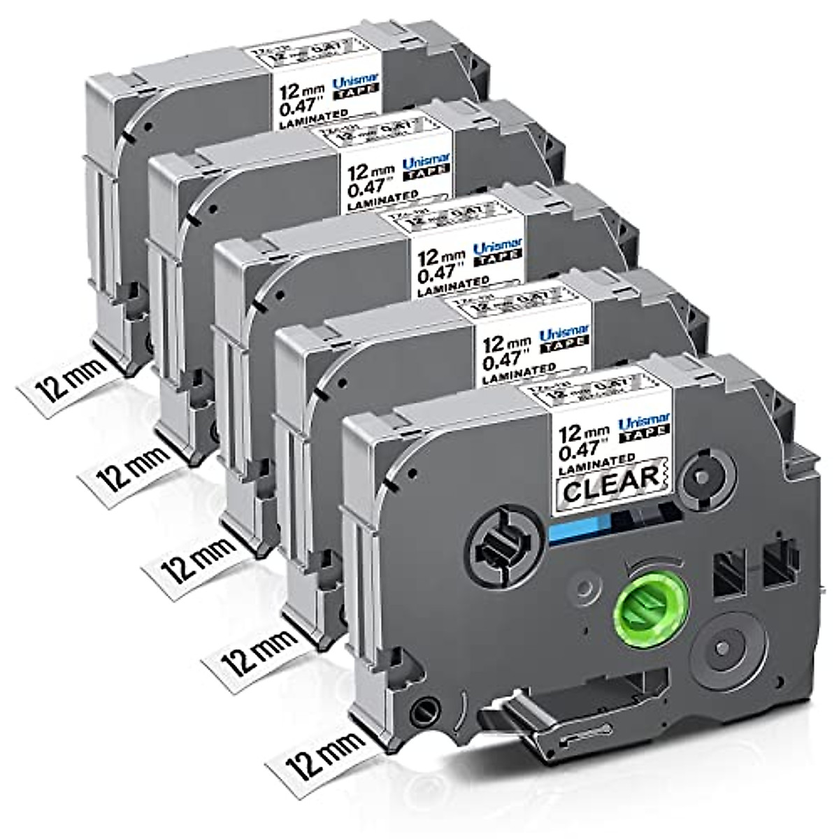 Unismar 1/2'' Black on Clear TZe Label Tape Compatible for Brother TZe-131 TZe131 TZ 12mm 0.47 Laminated Tape Clear for Ptouch PTD220 PTD200 PTD210 PTD400AD PTH100 Label Maker, 1/2'' x 26.2', 5-Pack