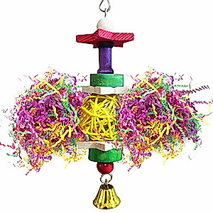 SunGrow Parakeet Toy, Brightly Colored Hanging Toy Made of Rattan, Wood and Shredded Paper, for Small and Medium Parrots, Cockatiels, Lovebirds and Finches (1 Piece)