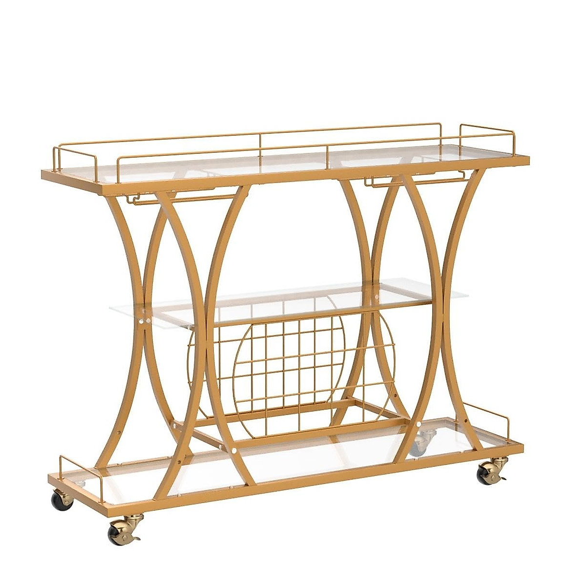 HOMYSHOPY Bar Serving Cart with Glass Holder and Wine Rack, 3-Tier Kitchen Trolley Tempered Shelves Gold-Finished Metal Frame, Mobile for Home (Gold)