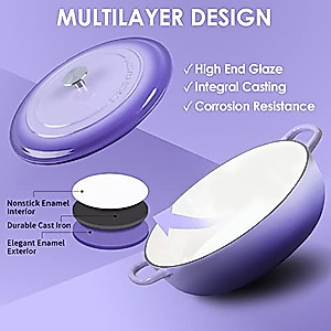 EDGING CASTING Enameled Cast Iron Dutch Oven Shallow Casserole Braiser with Dual Handle, 3.8-QT, Purple