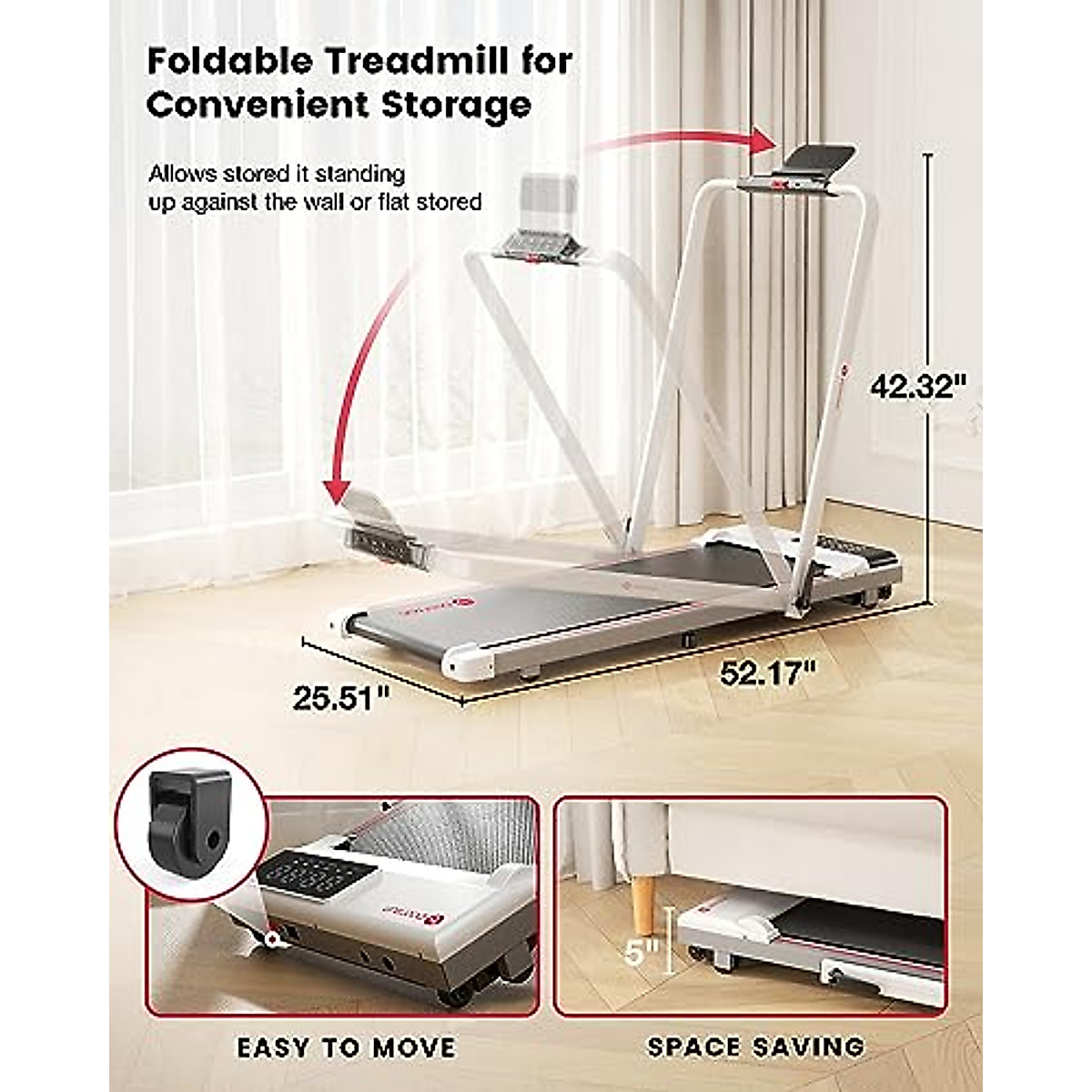 DeerRun Under Desk Treadmills for Home - Walking Pad - 2 in 1 Foldable Walking Treadmill - Portable Desk Treadmill for Small Space - Mini Folding Running Machine for Home Clearance