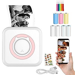 Mini Printer Portable, Pocket Thermal Printer with 7 Rolls Paper, Bluetooth Wireless Instant Photo Printer Compatible with iOS Android for Picture Receipt Label Note QR Code Inkless Printing