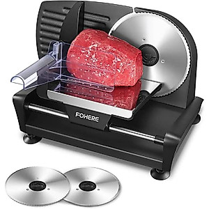FOHERE Meat Slicer for Home Use, 200W Electric Deli Food Slicer with Removable Two 7.5” Blades, 0-15 Precise Thickness Knob Cut Deli Food, Meat Ham Bread Fruit, Include Food Carriage, Black