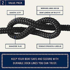 Rainier Supply Co. 2-Pack Boat Dock Lines - 15 ft x 3/8 inch Boat Rope - Premium Double Braided Nylon Dock Rope - Mooring Lines with 12" Eyelet - Black