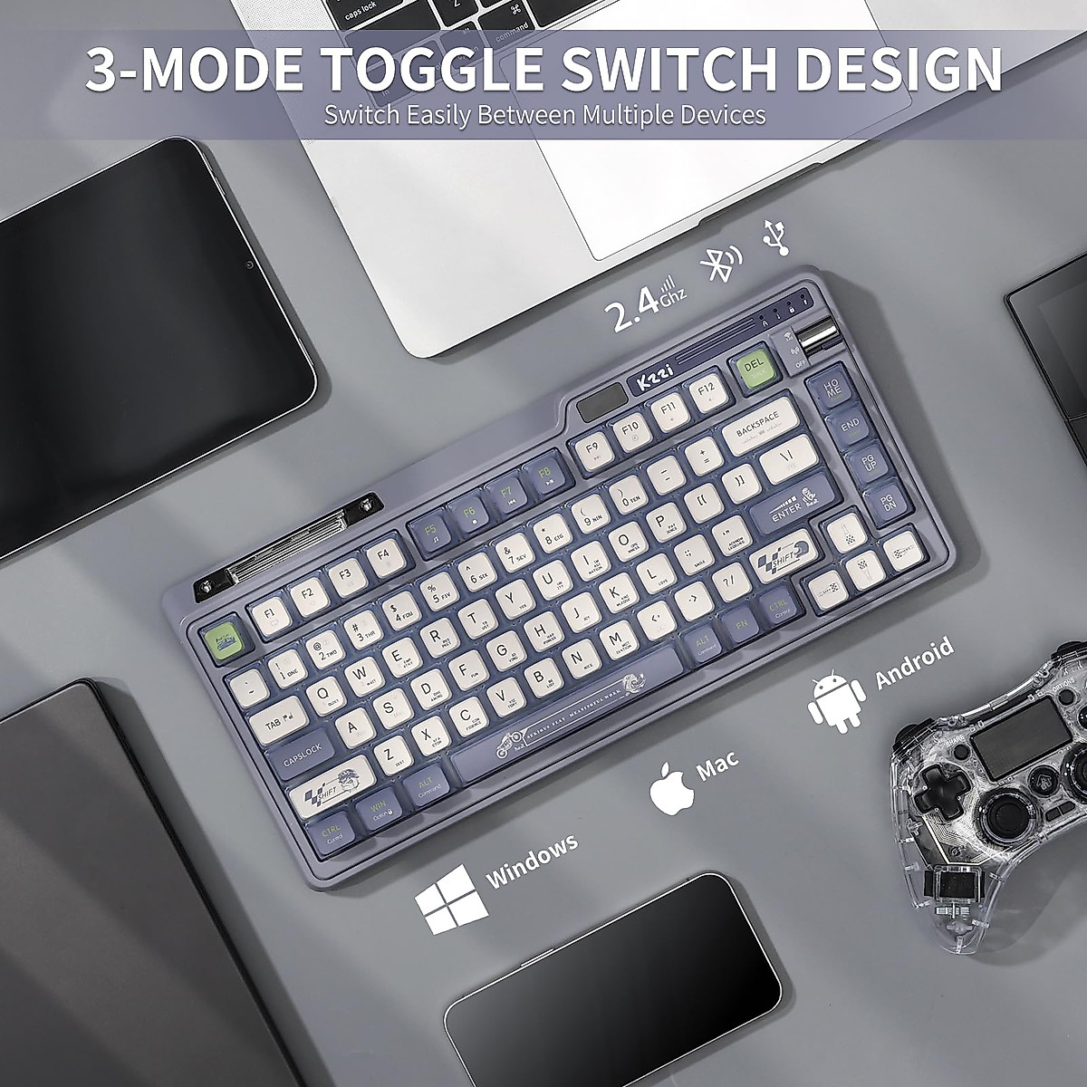 KZZI K75 PRO RGB 75% Wireless Gasket Mechanical Keyboard, Triple Mode BT 5.0/2.4G/USB-C 82 Keys Hot Swappable Gaming Keyboard w/Knob & Power Display, Custom Linear Switches, Purple Gray