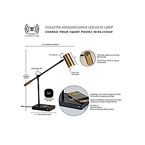 Adesso 4217-01 Collette LED Desk Lamp Wireless Charging, 7W LED, 5W QI, USB Port, Indoor Lighting Lamps , Black