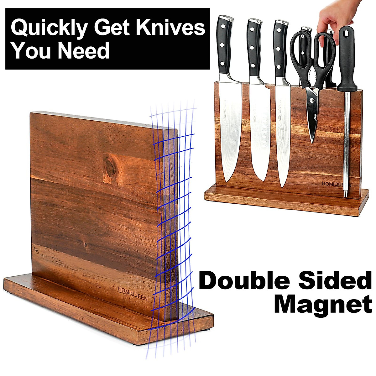 Magnetic Knife Block, Double Sided Magnetic Knife Holder Rack with Strong Enhanced Magnets, Acacia Wood Magnetic Knife Storage Stand with Stainless Steel Finger Protector