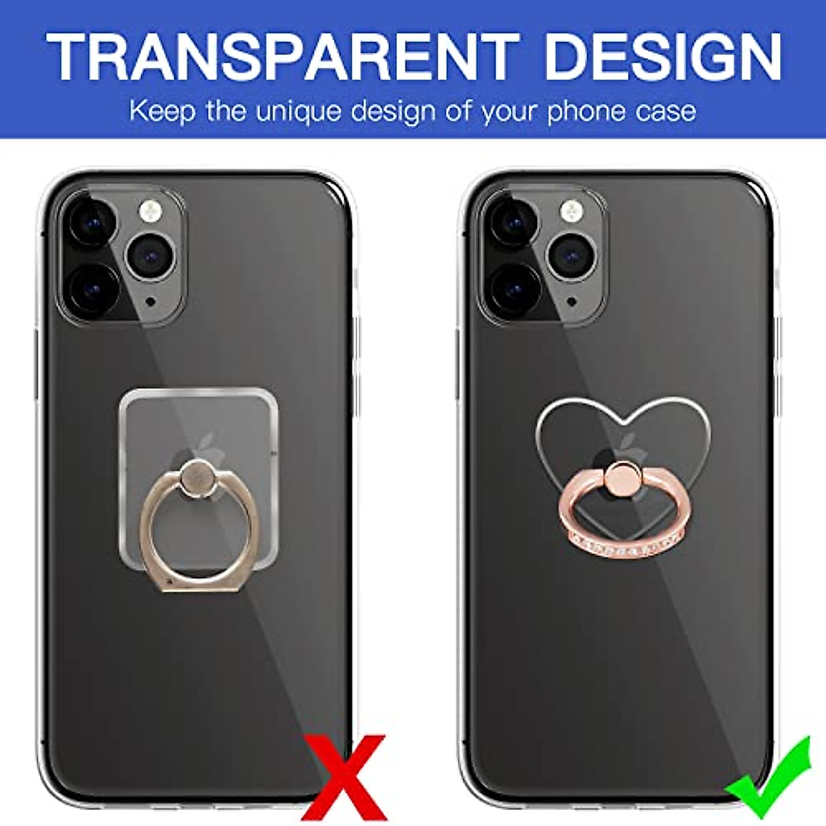 YINHEXI 2 Pcs Transparent Phone Ring Stand Holder Cell Phone Ring Holder Finger Grip 360 Degree Rotation (Rose Gold & Diamond-3)