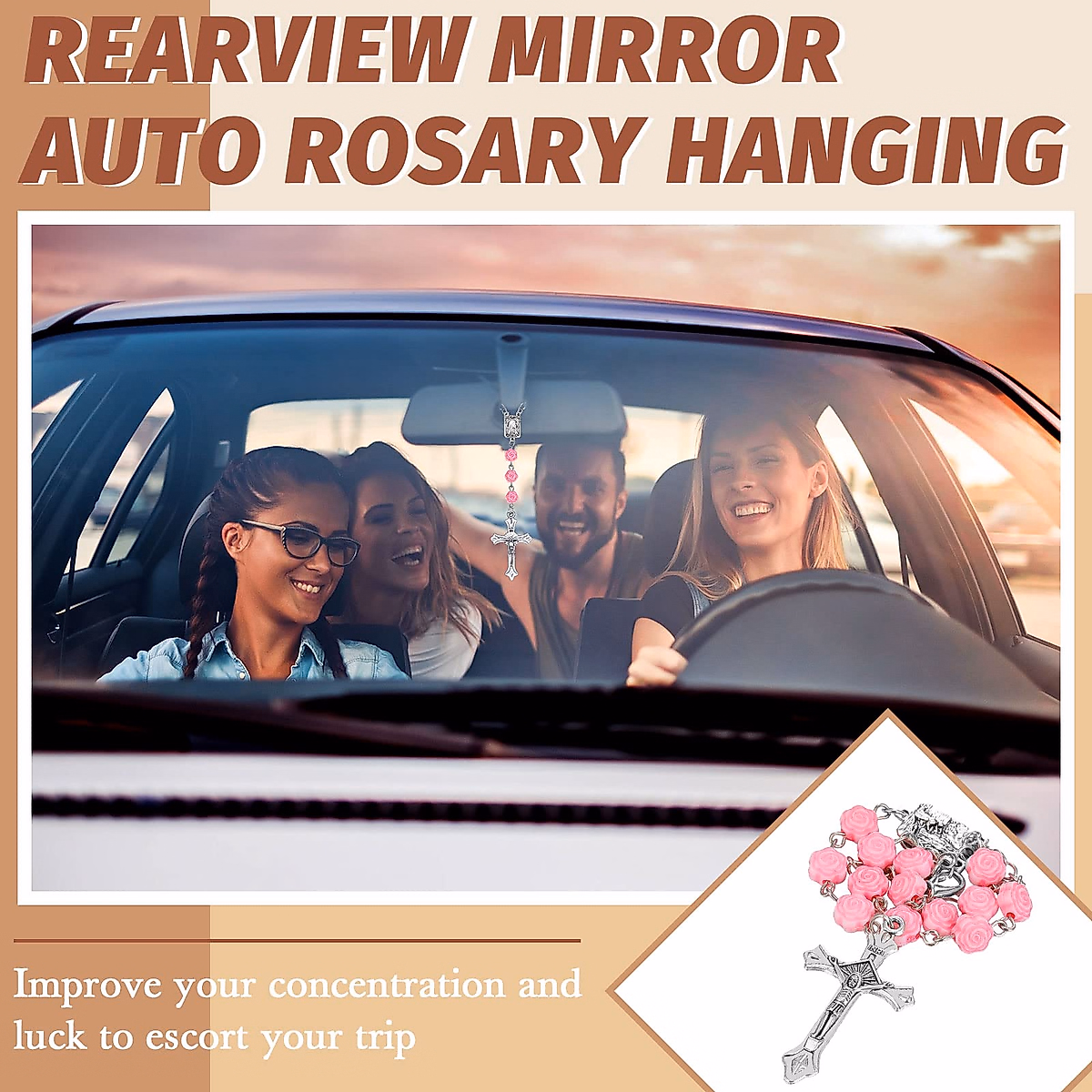 Konohan 2 Pieces Car Rosary Rearview Mirror Auto Rosary Religious Car Mirror Hanging Accessories for Automotive Personalized Protection Charm for Auto Decors(Rose,Pink)
