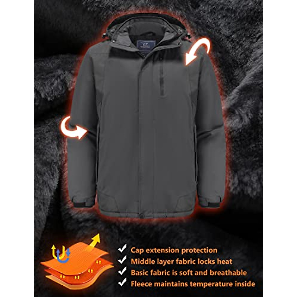 Purltoan Rain Jacket Men Winter Mountain Snow Skiing Raincoats Windproof Water Resistant Soft Shell Fleece Tactical Coat Darkgrey 3XL