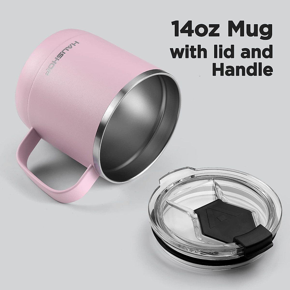 HAUSHOF 14 oz Coffee Mug, Insulated Coffee Mug with Handle, Travel Camping Cup, Portable Stainless Steel Coffee Cup, Insulated Coffee Cups with Lid, Pink