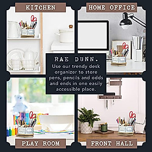 Rae Dunn Pencil Holder Cup - Spinning Metal Pen and Office Supplies 6 Compartment Desktop Organizer Caddy for Office Accessories - Great for Home, School, Classroom, Work - Round Design