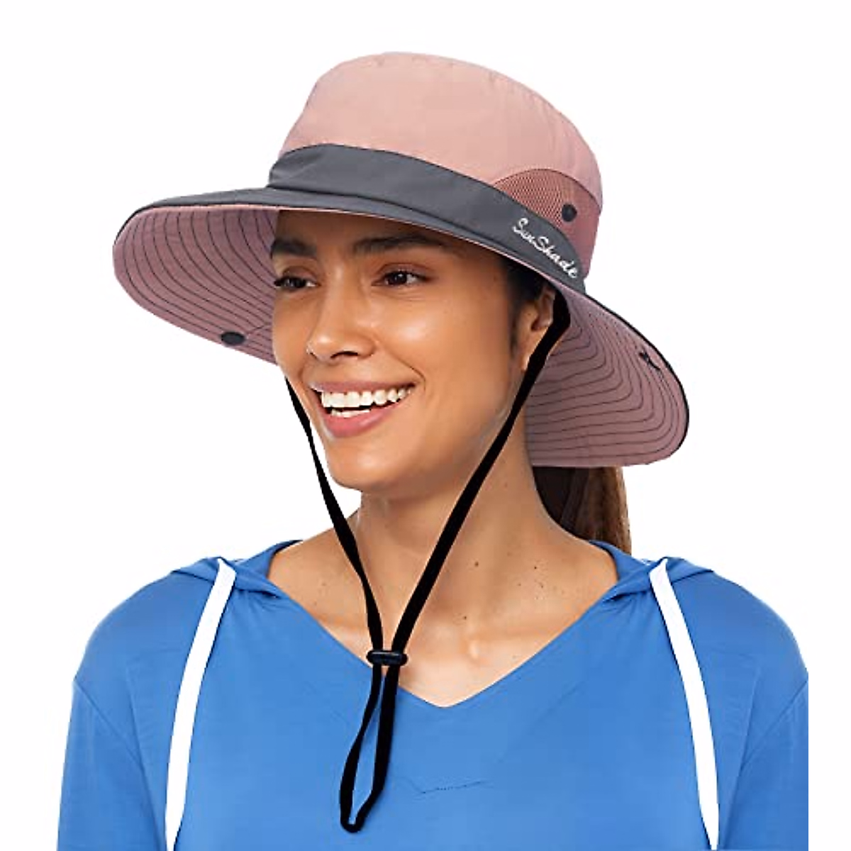 Womens Sun Hats Wide Brim Ponytail Hats Summer Beach Hat for Women Foldable Travel Safari Hats UPF50+(Size:M-L) (58cm/22.83inch, Pink)