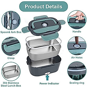 Electric Lunch Box Food Warmer Heater, 12V 24V 110V High Power Portable Microwave for Adults Food Heating, 1.5L Removable Stainless Steel Container for Car, Truck, Office, Home, Camping, Picnic