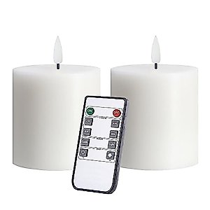 volnyus Flameless Candles Set of 2 (3x3 inch) Flickering LED Real Wax Candles Battery Operated with Remote Control Timers for Fireplace Bedroom Livingroom Party Dimmable White Pillars Flat top