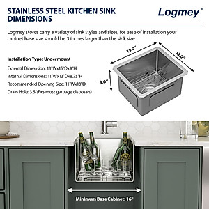 Bar Sink Undermount - Logmey Stainless Steel Bar Prep Sink 16 Gauge Small Kitchen Sink 9 Inch Deep RV Sink Single Bowl Kitchen Sink 13x15x9 Inches