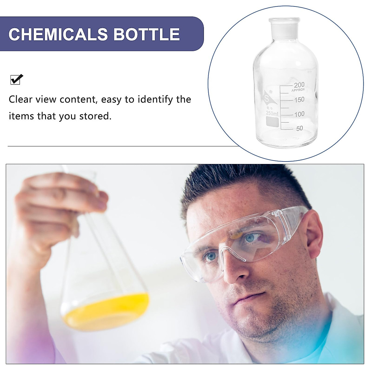 iplusmile Labs Reagent Bottle, 250 mL Soda Glass, Wide Neck with Stopper, Chemistry Sample Glass Bottle with Glass Stopper for Reagent