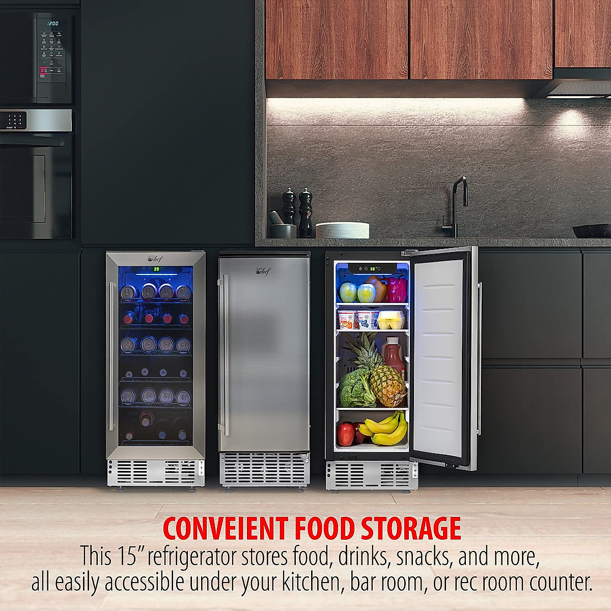 Deco Chef 15-Inch Under Counter Mini Fridge, Stainless Steel Finish, Adjustable Digital Thermostat, 32F to 50F, Refrigerator for Food, Snacks, Sodas, Beer, Wine