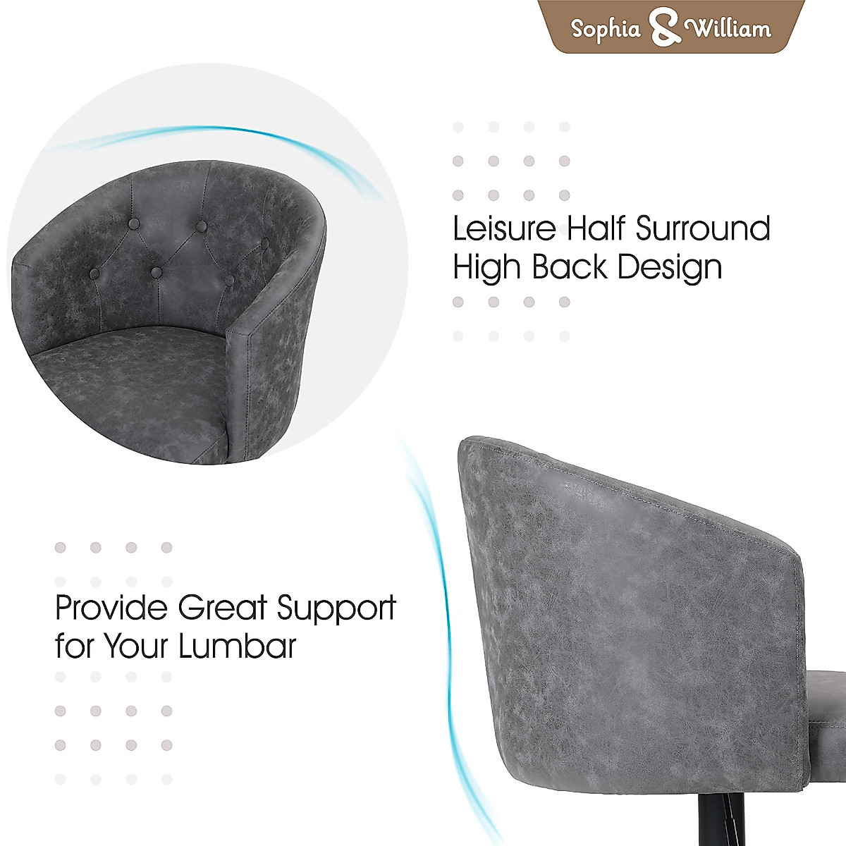 Sophia & William Adjustable Swivel Bar Stool Counter Height Bar Stool for Kitchen Island,Modern PU Leather Bar Stool with Back & Footrest & Airlift Handle, Counter Leather Stool,300lbs,Grey,1PC