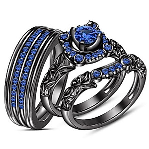Triostar Created Blue Sapphire Wedding His & Her Trio Ring Bride & Groom Set Engagement 14k Black Gold Plated 925 Sterling Silver Women's Size 9 & Men's Size 8