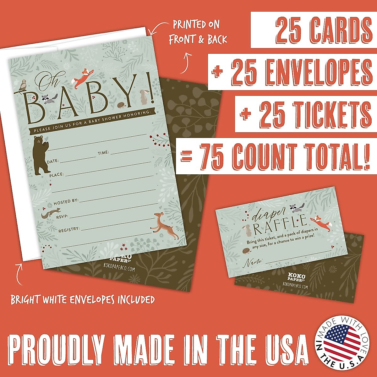 Koko Paper Co Enchanted Woodland Baby Shower Invitations and Diaper Raffle Tickets | 75 Count: 25 Fill-in Invitations, 25 Bright White Envelopes and 25 Diaper Raffle Tickets | Heavy Card Stock
