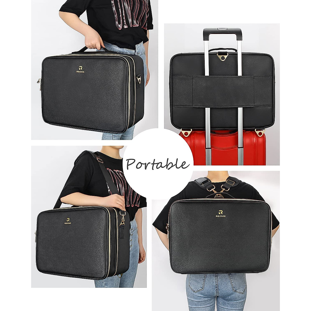 Relavel Extra Large Makeup Bag, Makeup Case Professional Makeup Artist Kit Train Case Travel Cosmetic Bag Brush Organizer, Waterproof Leather Material, with Adjustable Shoulder Straps and Dividers