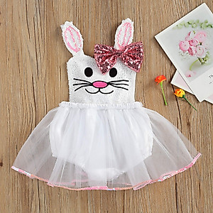 Infant Toddler Baby Girl Easter Outfits Sequin Rabbit Bunny Romper Tutu Dress Bow Halter Sleeveless Bodysuit Party Dresses (White, 18-24 Months)
