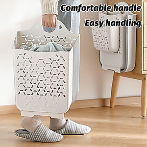 Earssa 2PCS Hanging Laundry Basket with Carry Handle, Foldable Plastic Laundry Hamper, Wall Hanging Storage Basket, Dirty Clothes Storage Bin Multi-function Storage Container (White,Small)