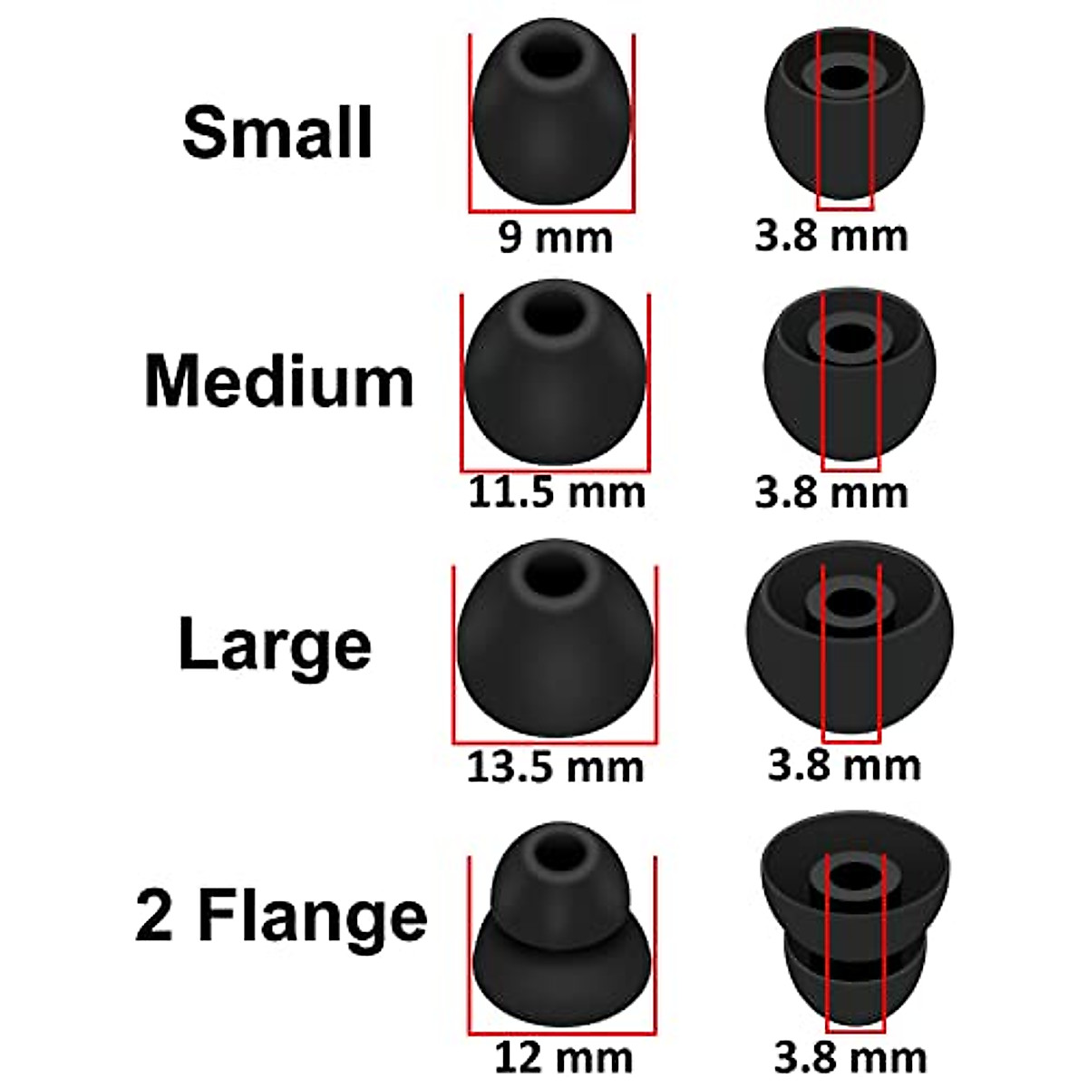 A-Focus 16 Pairs 3.8mm Inner Hole Ear Tips Fit Most in-Ear Earbuds ( Inner Hole 3.8mm -4.5mm ), Replacement Silicone Eartips Compatible with Beats Flex WF-1000XM4 and Powerbeats Pro, Black