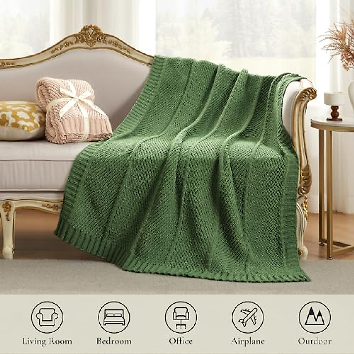 Amélie Home Cable Knit Throw Blanket for Couch, Chenille Knitted Chunky Knit Blanket with Chevron Texture Non-Shedding, Decorative Farmhouse Soft Blanket for Home Sofa Chair Bed, Green, 50x 60