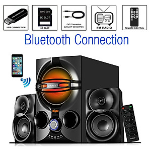 Boytone BT-324F, 2.1 Bluetooth Powerful Home Theater Speaker Systems, with FM Radio, SD USB Ports, Digital Play Back, 40 Watts, RGB Light, Full Function Remote Control, Smartphone, Tablet