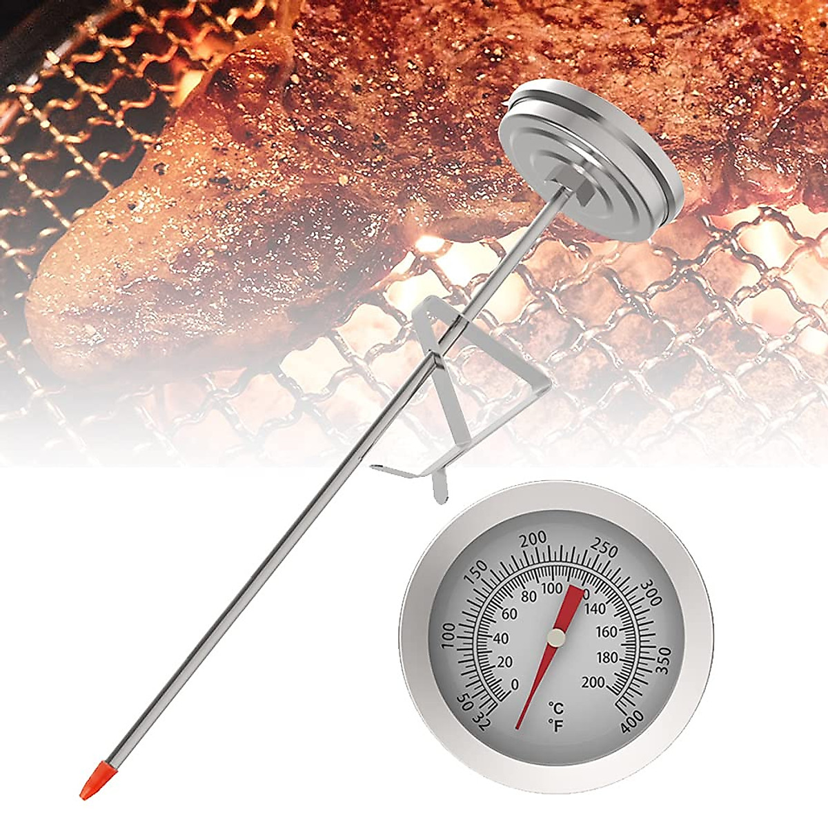 Deep Fry Thermometer Mechanical Meat Thermometer for Deep Fry, Grilling Dial Thermometer Stainless Steel Stem Meat Cooking Thermometer with Adjustable Pot Clip(Size:200 mm)