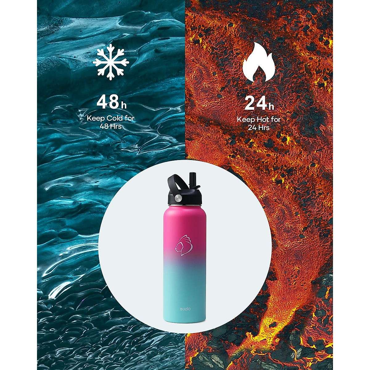 BUZIO Stainless Steel Water Bottle, 40oz Vacuum Insulated Double Wall Leak Proof Sports Water Bottle with Straw Lid and Flex Cap for Gym Travel Camping, Rose and Green