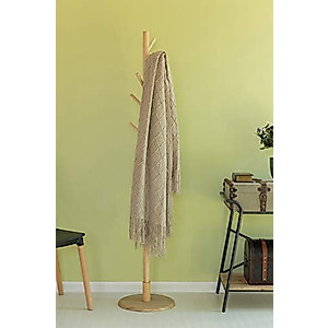 Decorative Diamond Pattern Knit Throw Blanket with Fringe, Khaki