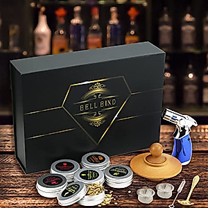 Bell Bind Whiskey smoker kit with torch Old fashioned Bourbon Whiskey Scotch smoker Infuser kit Drink Smoker Set 6 flavors wood chips premium gift box (No Butane)