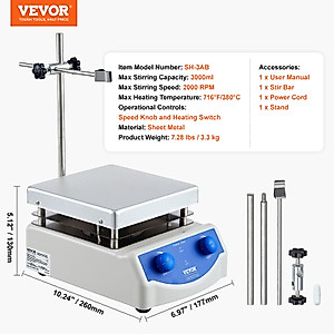 VEVOR Magnetic Stirrer Hot Plate, Max 716°F/380°C, 0-2000 RPM Hot Plate with Magnetic Stirrer, 3000mL Hot Plate Stirrer, Support Stand and Stir Bars Included, 500W Heating Power