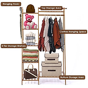 Bamboo Garment Rack with Shelves, Storage Box Set Included, Clothing Racks with Hooks, Clothes Rack Storage Organizer, Clothes Rack with Shelf, Space Saving Clothes Rack, Multifunctional Plant Rack