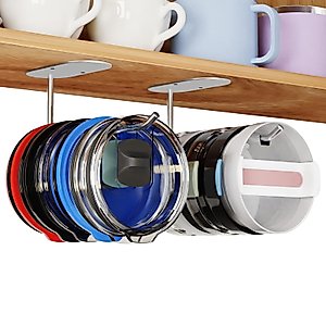 tewodila 2 PCS Tumbler lid Organizer, Kitchen Cup Lid Organizer Inside Cabinet, Water Bottle Lid Holder, Self-Adhesive or Drilling Multi-Functional Storage Hook for Wall (2 Pack)