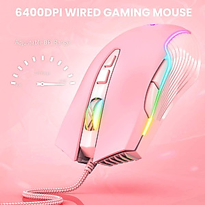 SIMGAL RGB Gaming Mouse Wired, USB Optical Computer Mice with RGB Backlit, 6 Adjustable DPI Up to 6400, Ergonomic Gamer Laptop PC Mouse with 7 Programmable Buttons for Windows Vista Linux (Pink)