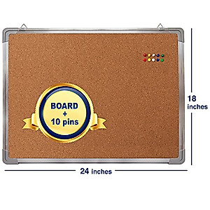 Cork Board Set - Bulletin Corkboard 24 x 18 inch Framed with 10 Thumb Tacks - Small Wall Hanging Message Memo Pin Tackboard Organizer for Home, Office, Desk and Cubicle (Cork 24x18")