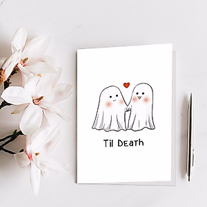 Qiliji Cute Ghost Wedding Card, Halloween Anniversary Card for Couple, Bridal Shower Card for Bride, Engagement Card for Friend, Valentine's Day Card for Husband Wife, Til Death Greeting Card