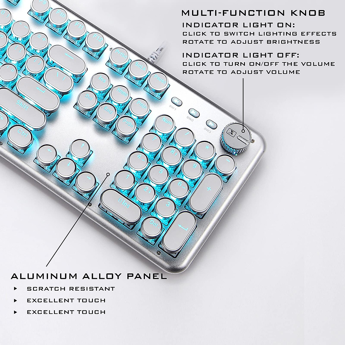 Alkem Mechanical Gaming Keyboard with 30 LED Backlits White Retro Typewriter Keyboard Full-Size 104 Keys USB Wired Retro Steampunk Keyboard Blue Switch Ergonomic Keyboard Metal Panel (Silver)