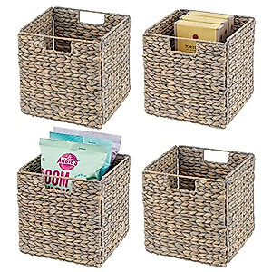 mDesign Natural Woven Hyacinth Cube Storage Bin Basket Organizer with Handles for Kitchen Pantry, Cabinet, Cupboard, Shelf/Cubby Organization, Hold Food, Drinks, Snacks, Appliances, 4 Pack, Gray Wash