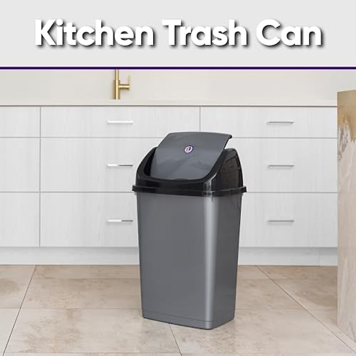 Superio Kitchen Trash Can 13 Gallon with Swing Lid, Plastic Tall Garbage Can Outdoor and Indoor, Large 62 Qt Recycle Bin and Waste Basket for Home, Office, Garage, Patio, Restaraunt (Grey/Black)